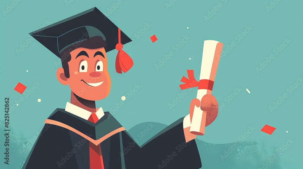 A 2D flat style illustration of a graduation photo, featuring a ...