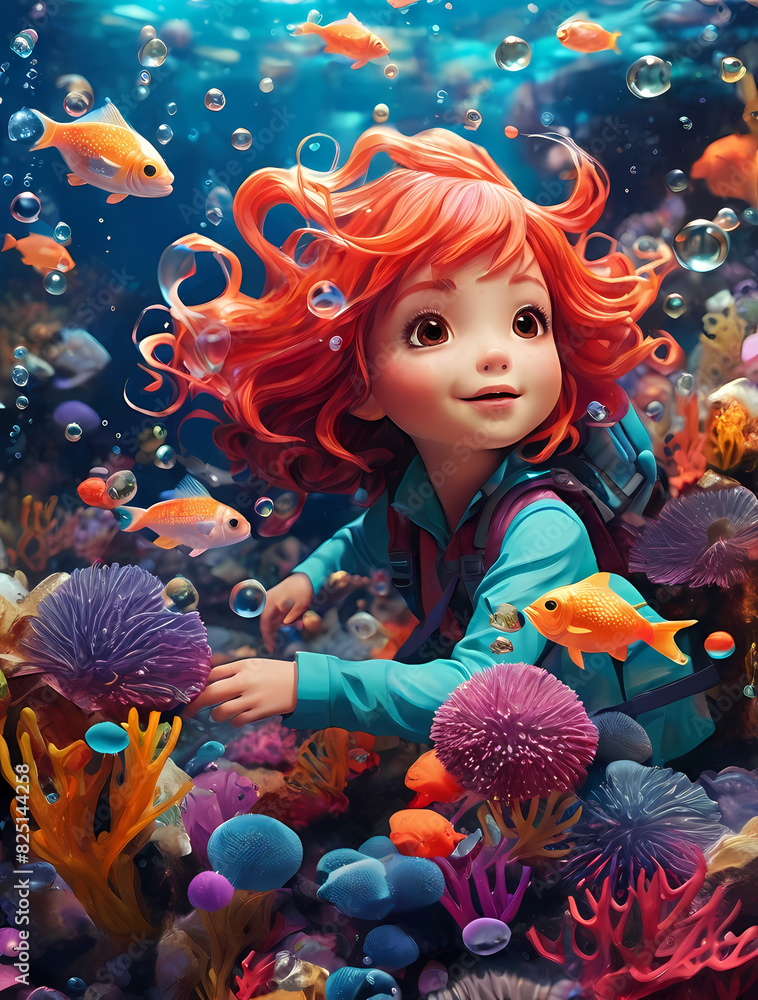 child, children, sea, fish, underwater, water, cartoon, illustration ...