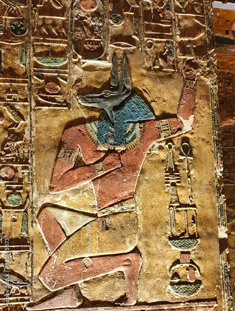 Painted wall relief of Jackal headed Anubis, God of Embalming in Burial ...