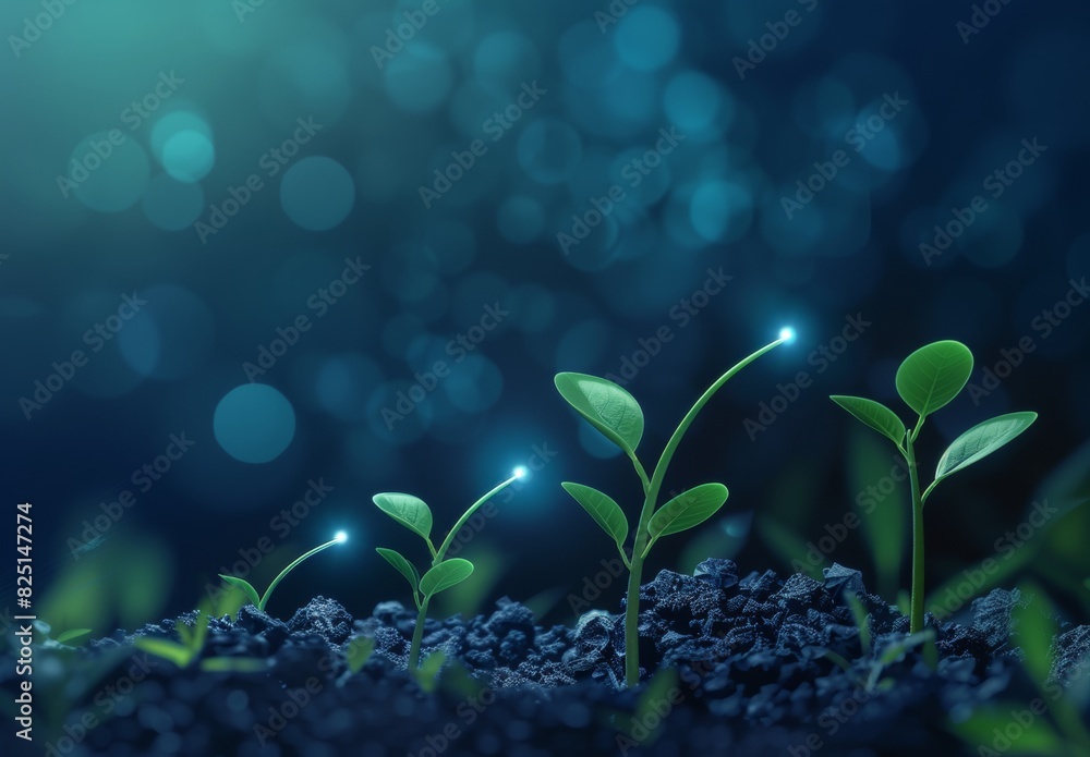 Render a 3D digital illustration of a sprout with a growth graph and up ...