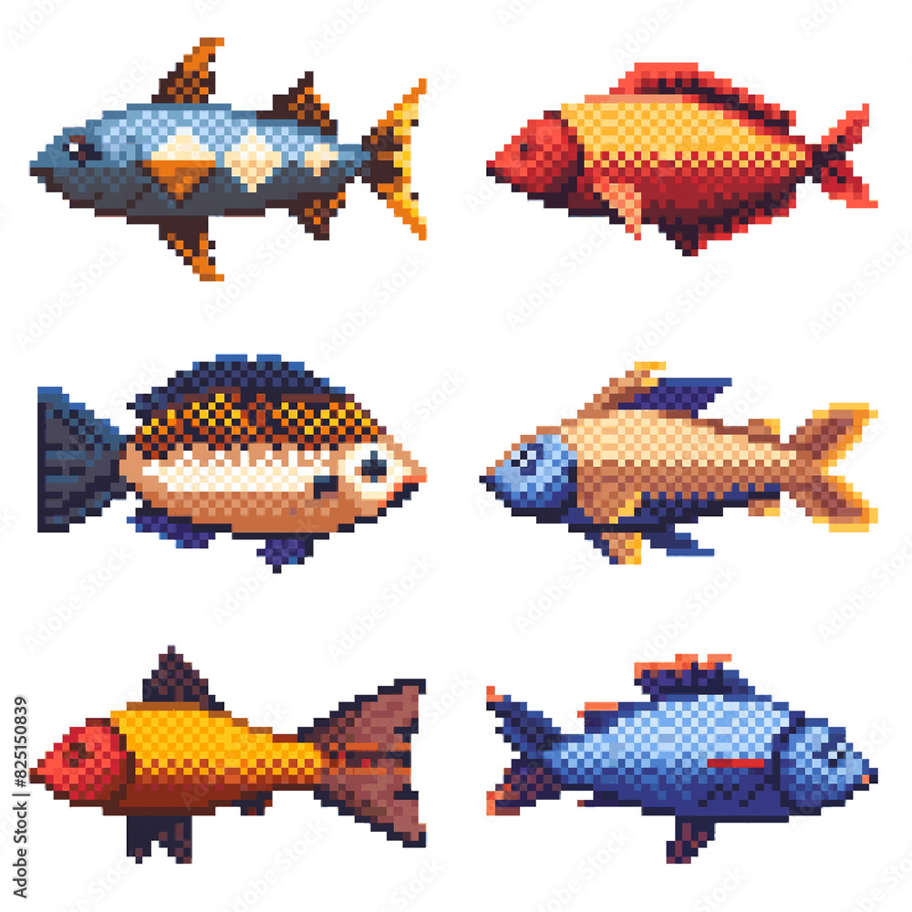8bit pixel art set of icons for sea fish isolated on white background ...
