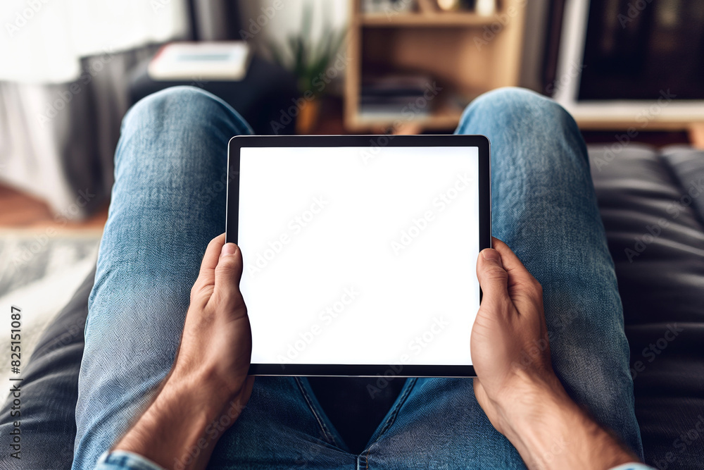 Male hands holding tablet with blank white empty screen, concept of ...
