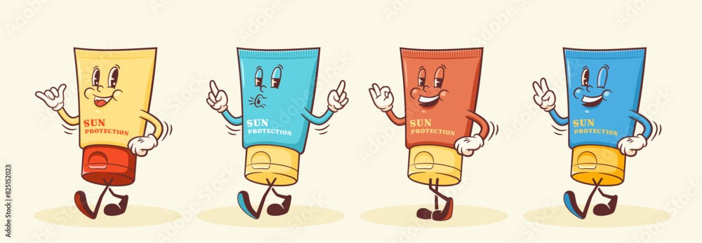 Groovy Sunscreen Cream Retro Characters Collection. Cartoon Sun UV ...