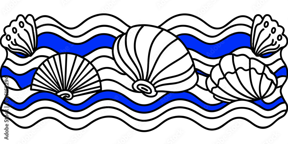 A simple, stylised line drawing depicts a collection of shells ...