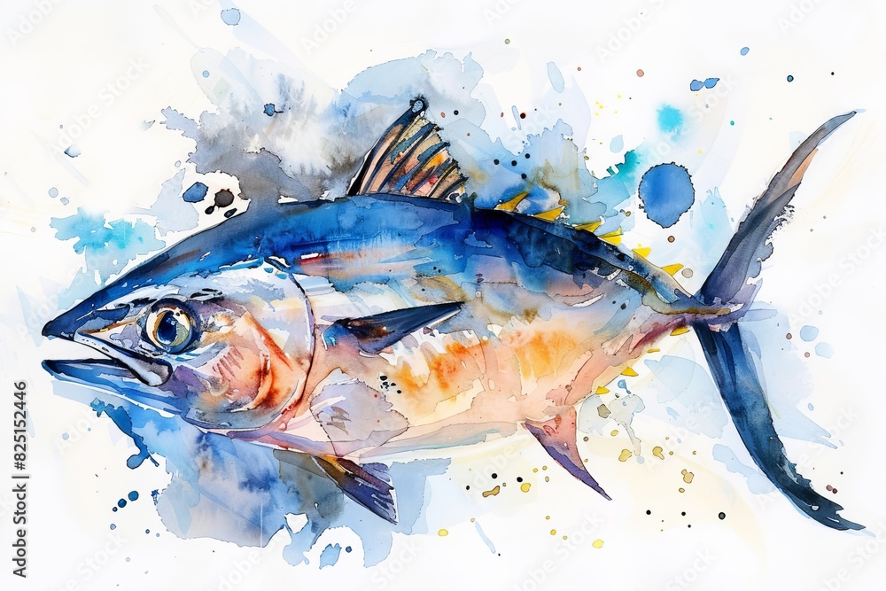 Underwater illustration: skipjack tuna in watercolor on plain white ...