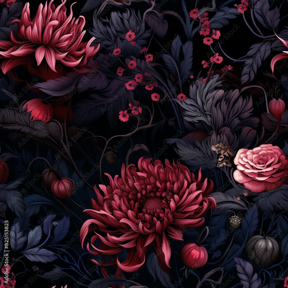 Gothic Floral Pattern: A seamless pattern with dark, moody flowers and thorny elements, using ...