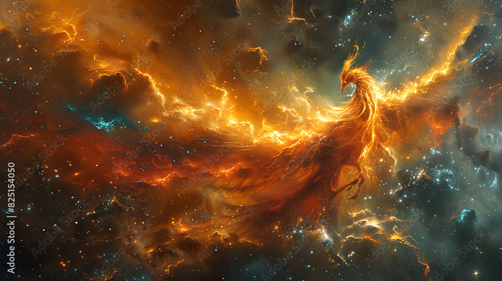 ethereal printable mural of a celestial phoenix rising from a sea of ...