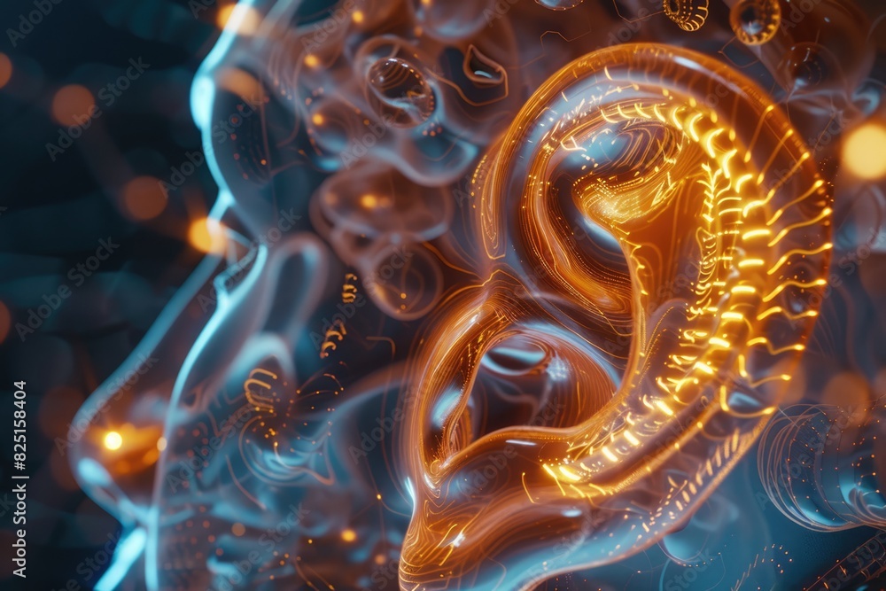 Lighting shines on a 3D rendered vestibular system within the ear ...