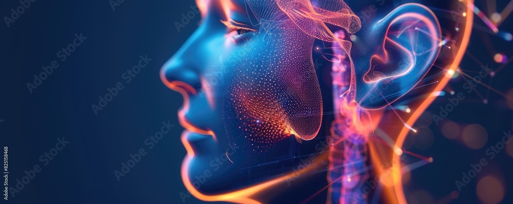 Lighting shines on a 3D rendered vestibular system within the ear ...