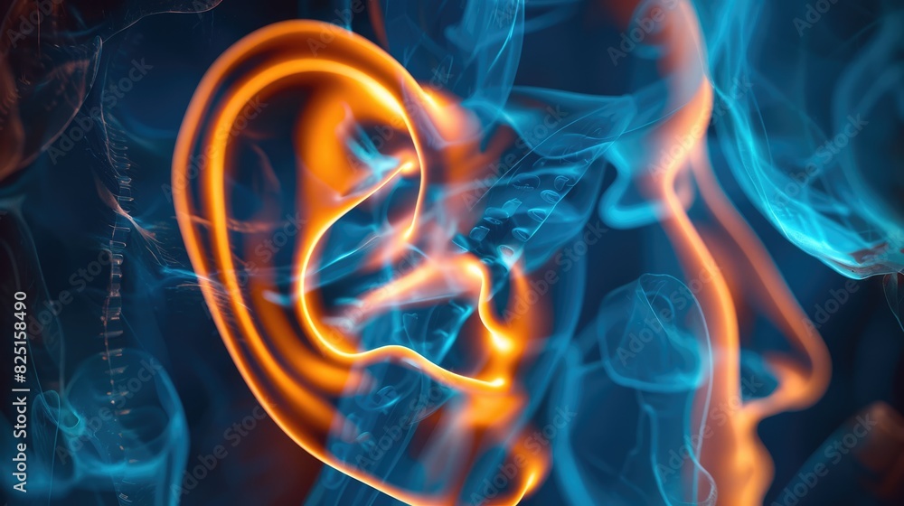 Lighting shines on a 3D rendered vestibular system within the ear ...