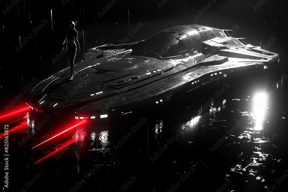Generate a cinematic 4k wallpaper of a sleek black spaceship with ...