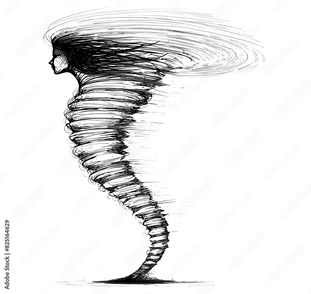 The sketch artistically combines a woman's figure with a tornado's ...