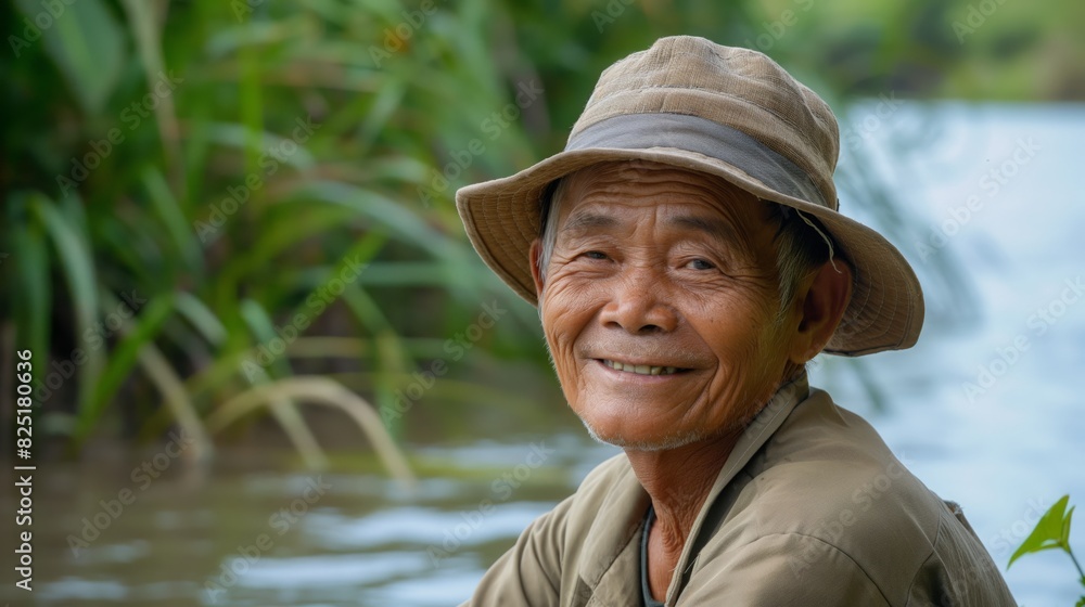 Elderly Vietnamese Man Smiling by Riverside Landscape, Rural Vietnam ...