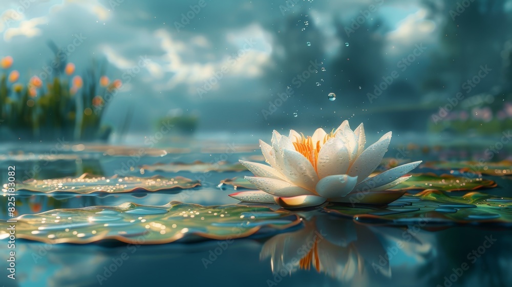 symbolic lotus flower, a serene white lotus blooms on the water, a ...