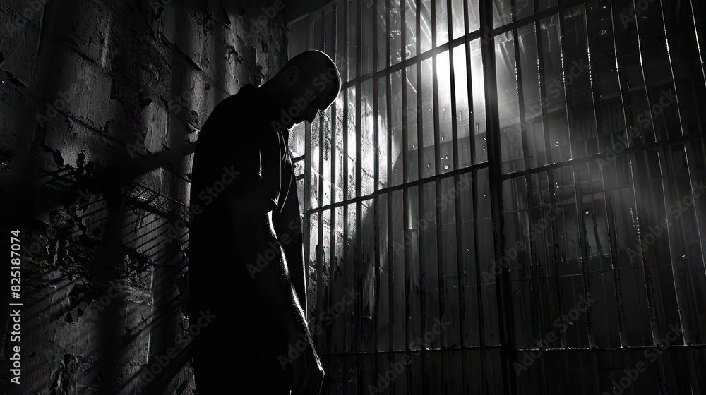 Silhouette of a man bowing his head in regret in a dark prison ...