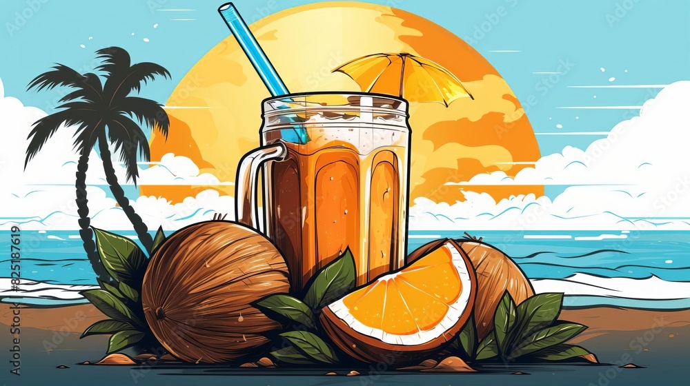 Tropical coconut drink with a straw and umbrella, vector style, vibrant ...