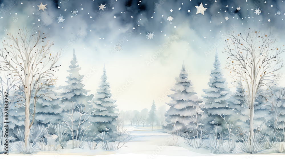 Watercolor painting of a snowy forest with pine trees and stars in the ...
