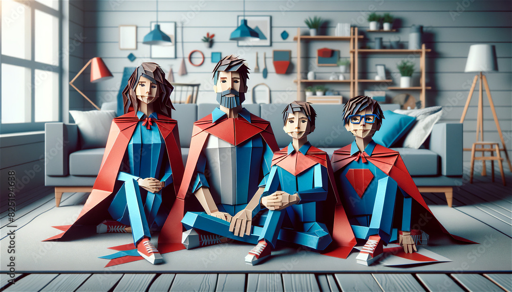 Origami Family Superheroes in Cozy Living Room – Artistic Paper Craft ...
