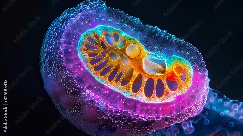 Vibrant cross-section of a developing seed under UV light, highlighting ...