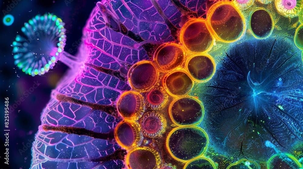 Vibrant cross-section of a developing seed under UV light, highlighting ...