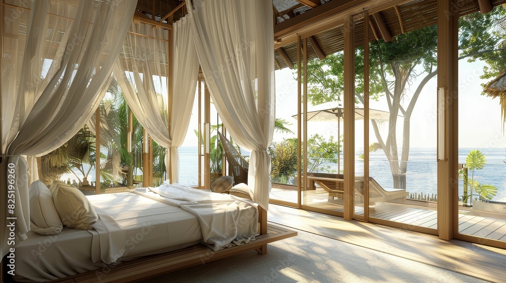 Tropical resort-style bedroom with a canopy bed, white gauzy curtains ...