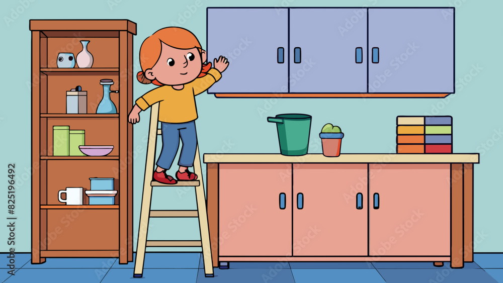A child using a stool to reach a high shelf in a kitchen cabinet. The ...