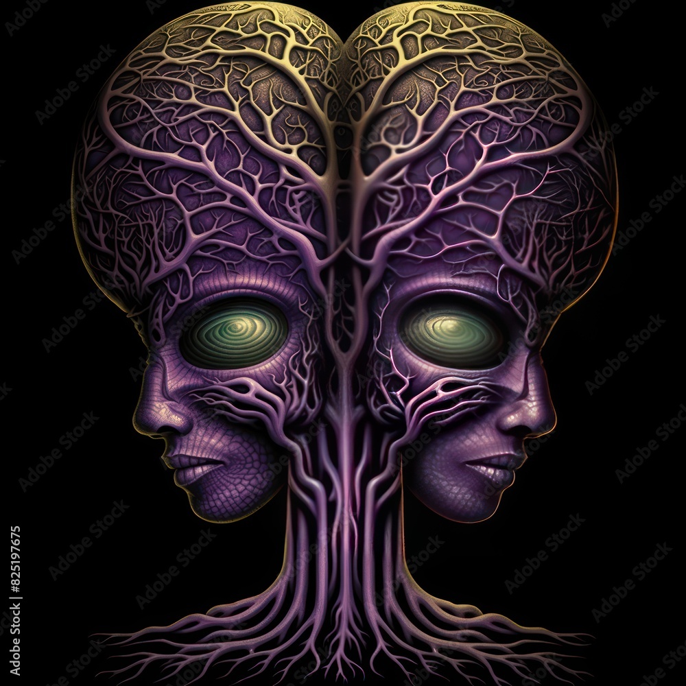 Surreal art of two intertwined purple human faces merging with a tree ...