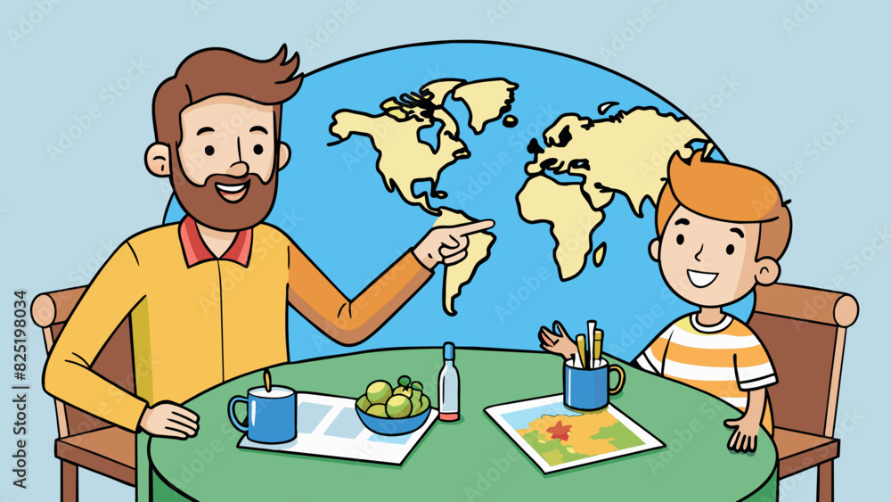 A father and son sit at the dining table pouring over a map of the ...