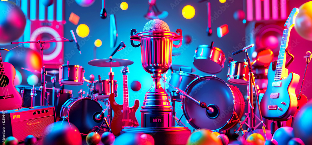 Bright images of various musical instruments surrounding the MTV VMA ...