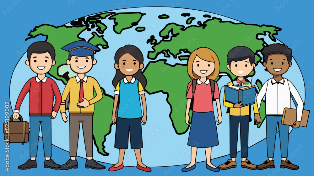 A group of students stands in front of a world map. The map filled with ...