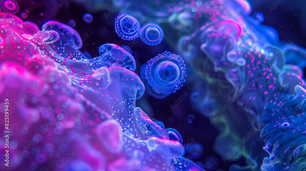 Close-up of plankton and algae swirling in a fluid environment under UV ...