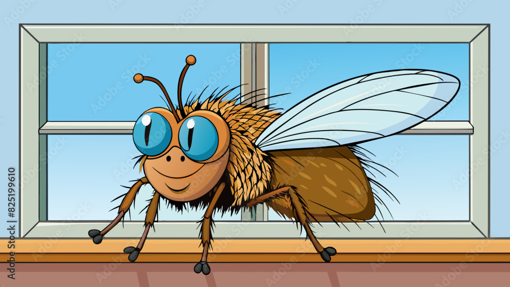 A large hairy fly resting on a window sill its wings folded neatly over ...