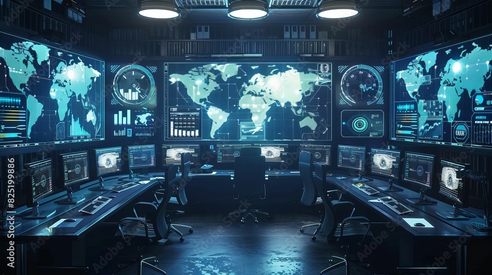 Centralized control room with screens displaying real-time data of ...