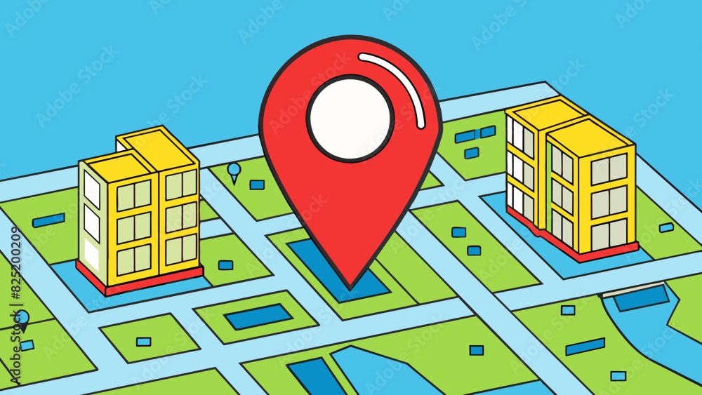 A map with a red dot marking a specific location on a grid of streets ...