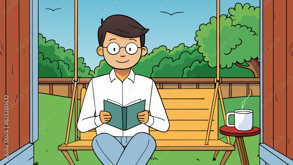 An Adult Son Sitting On The Porch Swing Reading A Book And Sipping A