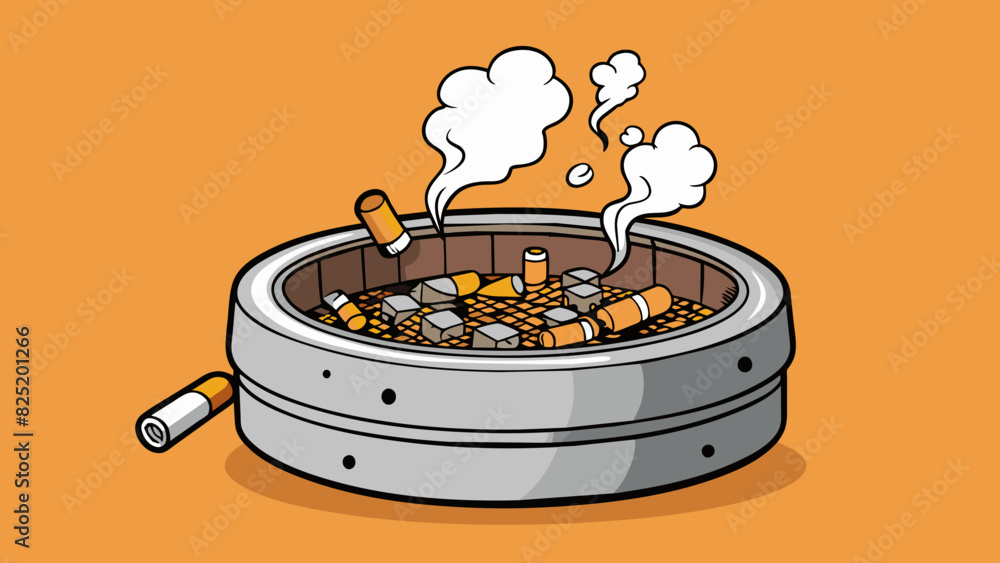 An overflowing ashtray filled with burnt cigarette butts and pungent ...