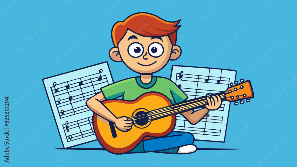 A novice guitarist is sitting with their guitar eyes focused on the ...