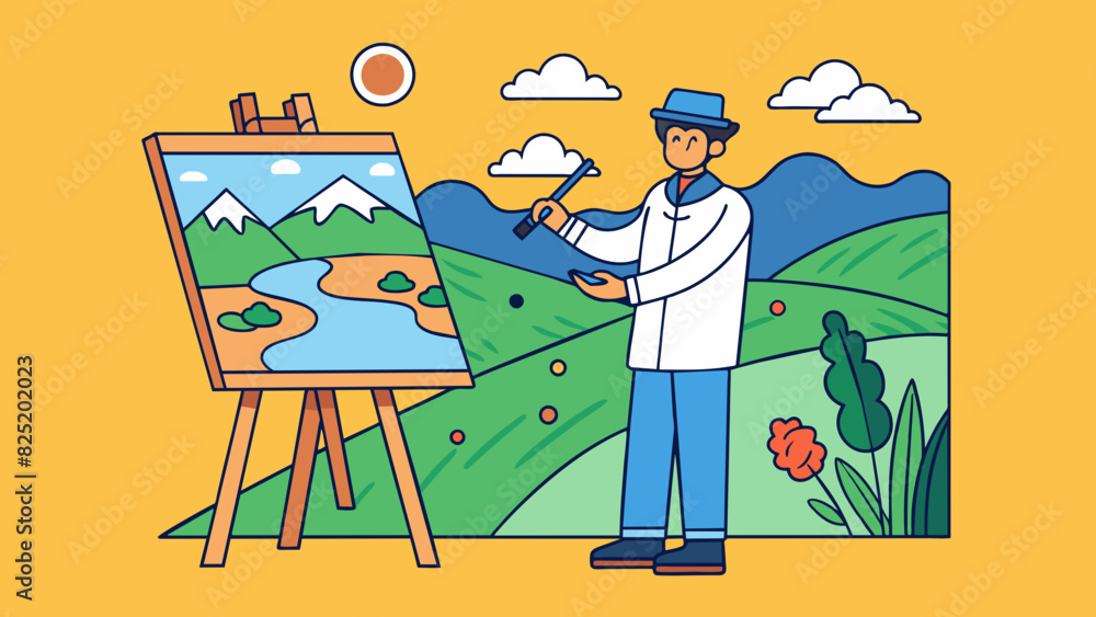 A professional artist with a large canvas propped up on an easel ...