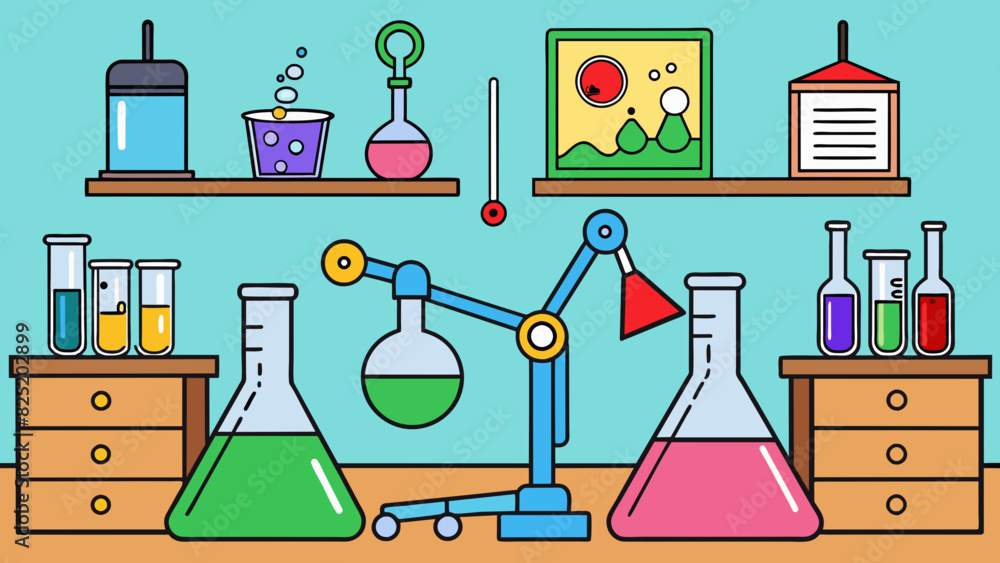 A science lab with lab tables microscopes and various beakers and ...