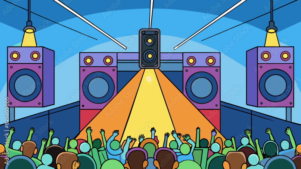 At a concert speakers line the stage producing loud and vibrant music ...