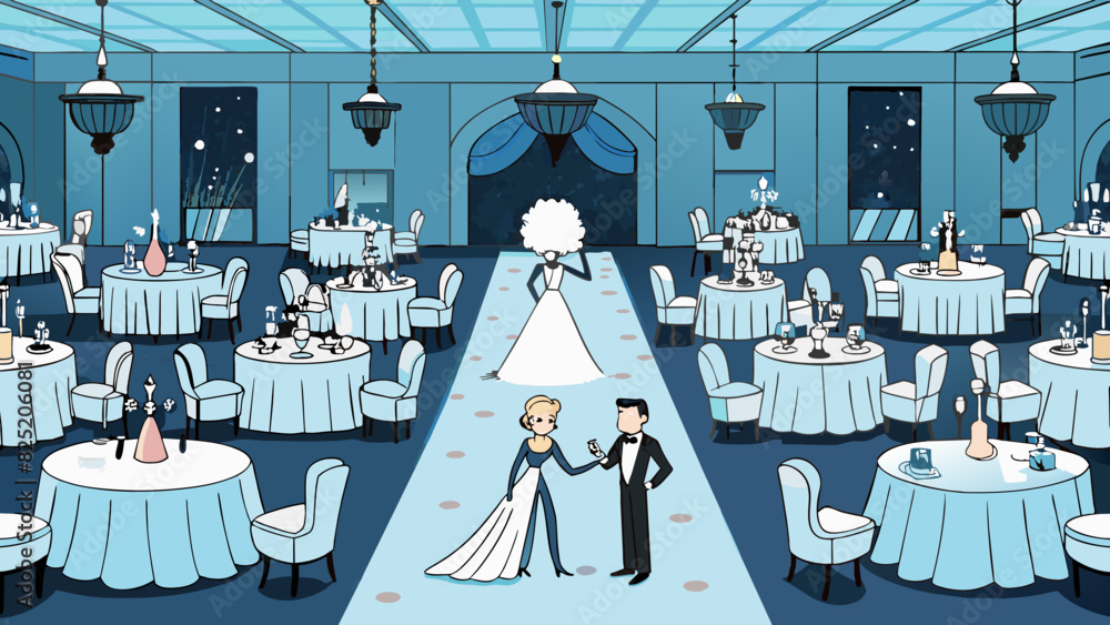 A wedding reception Inside a grand ballroom elegant white clothed ...