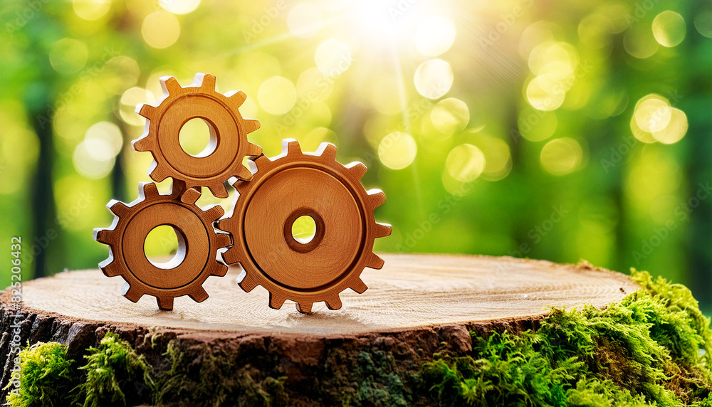 Group of three wooden cogwheels (gears) on cross section of a tree ...