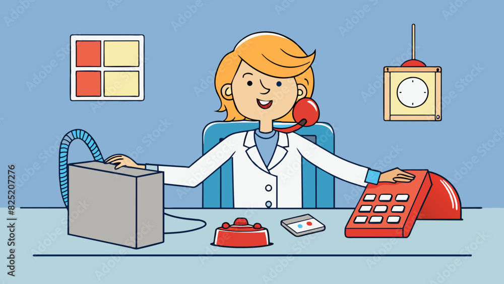 In a busy office a receptionist uses a landline to make a call. The ...