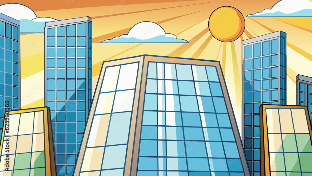 Reflective and Sy The skyscrs windows gleamed in the afternoon sun ...