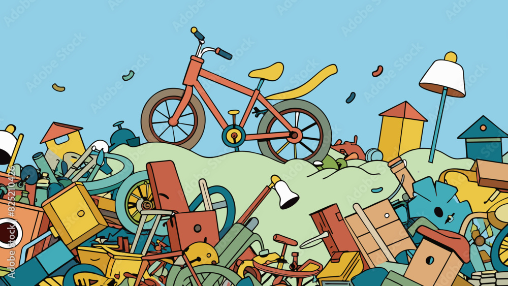 The lot is cluttered with various objects such as old bicycles broken furniture and piles of ...