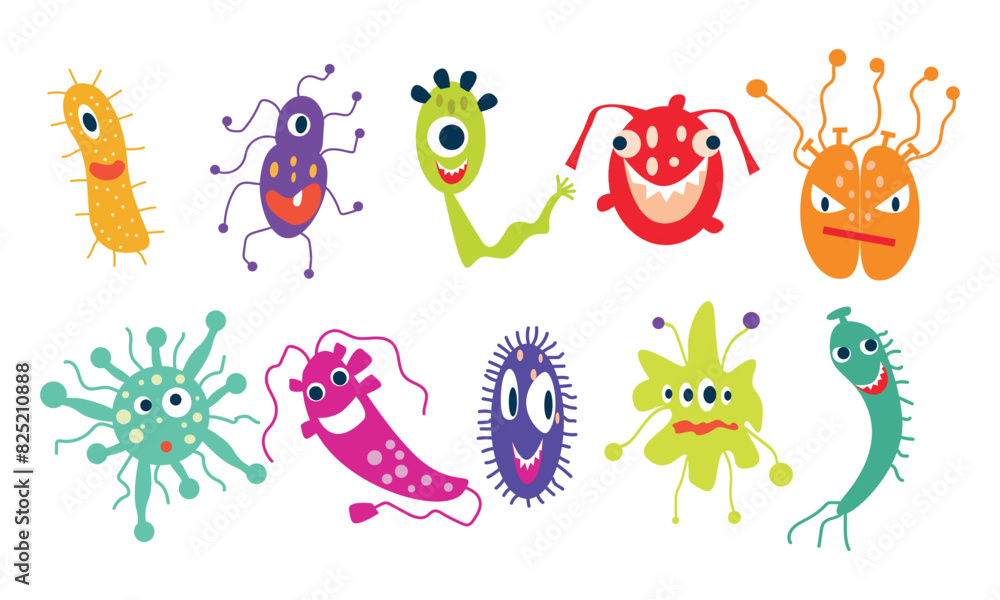 Cartoon microbes and viruses. Germs characters with funny faces ...