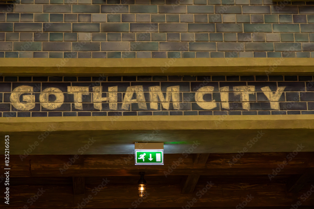 Abu Dhabi, UAE - April 24, 2024: The Gotham City sign at Warner Bros ...