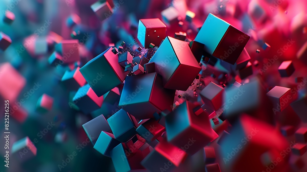 3D rendering of a cluster of blue and red cubes. The cubes are arranged ...