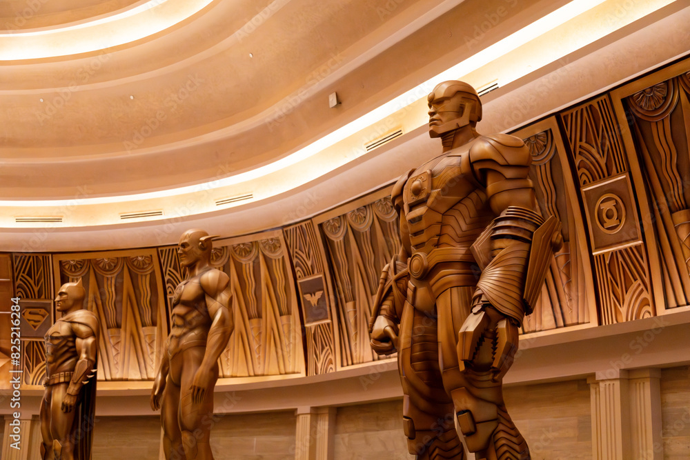 Abu Dhabi, UAE - April 24, 2024: Detailed statues of Cyborg, The Flash ...