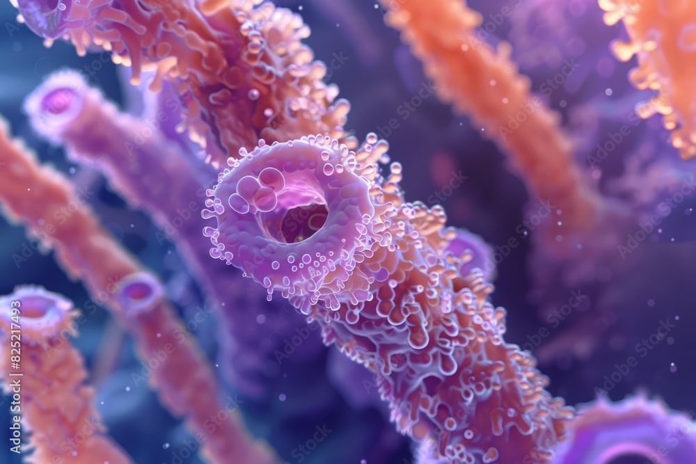 3D microscope view of intestinal villi close up, focus on ...